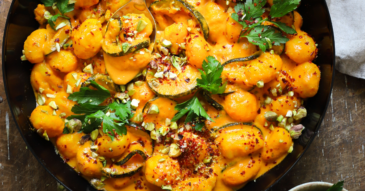 Zucchini Gnocchi in Creamy Grilled Pepper & Saffron Sauce - Best of Vegan